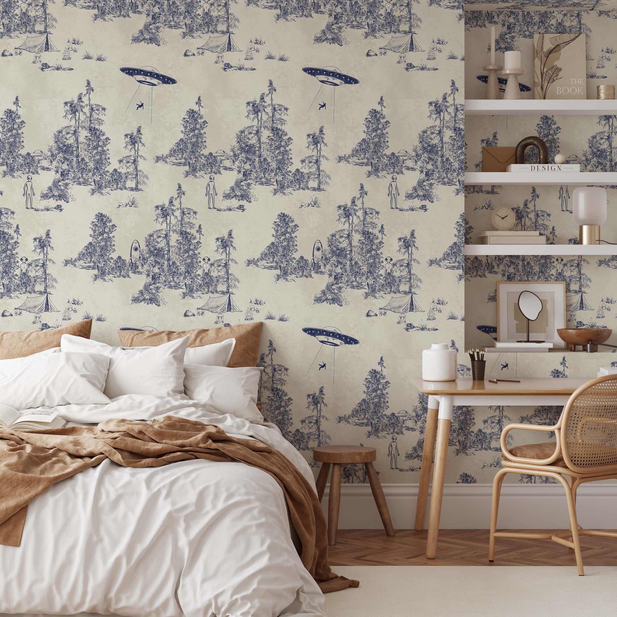 Alien Abduction Toile de Jouy Wallpaper in Blue – Wallpapers4Beginners