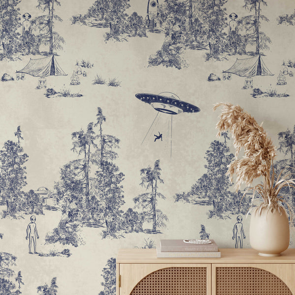 Alien Abduction Toile de Jouy Wallpaper in Blue – Wallpapers4Beginners