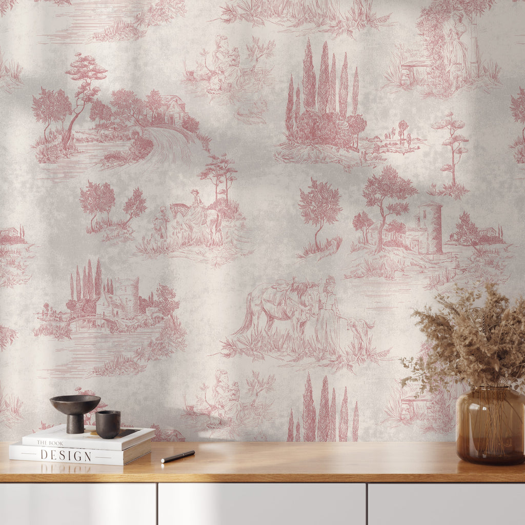 French Vintage Toile Wallpaper in Pink – Wallpapers4Beginners